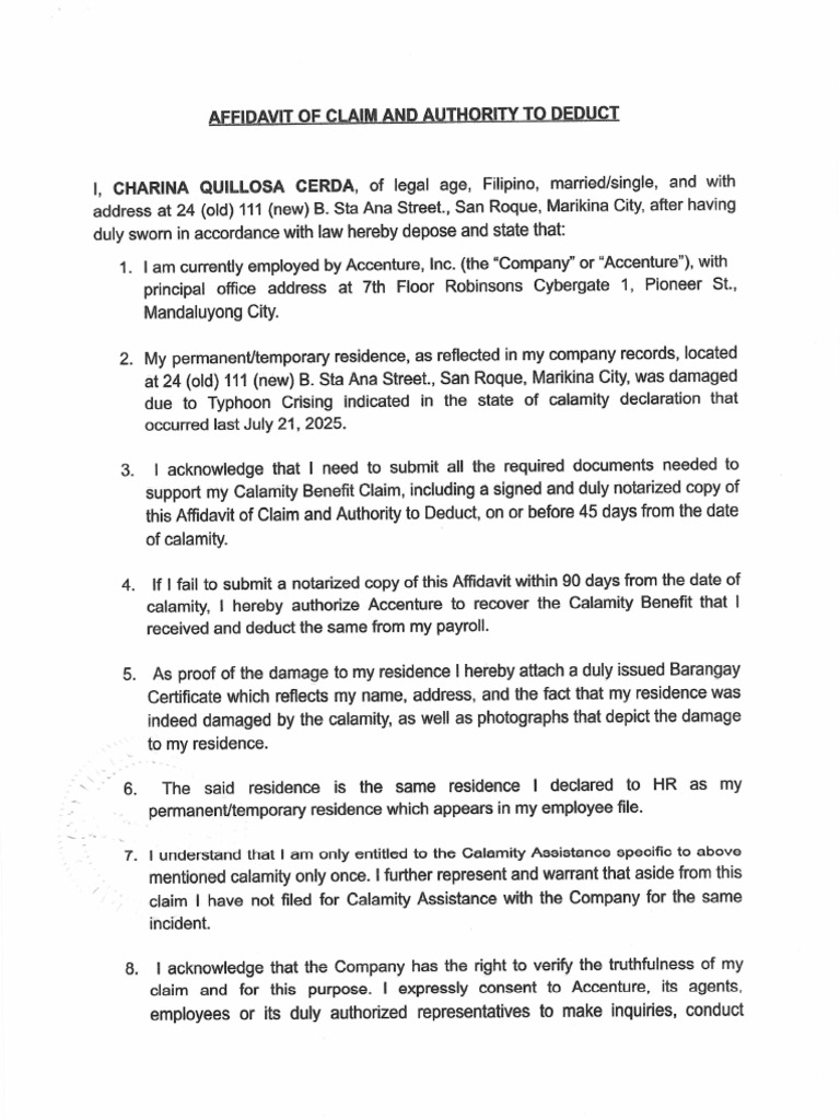 Affidavit of Claim and Authority To Deduct | PDF