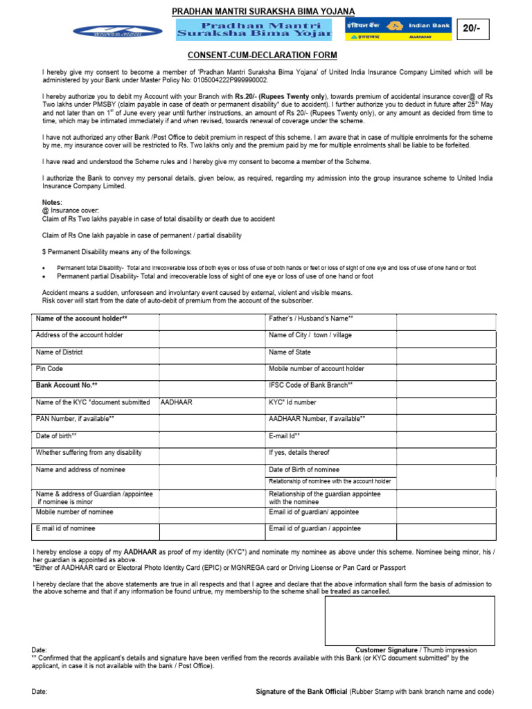 PMSBY Consent Form for Insurance Enrollment | PDF | Insurance ...