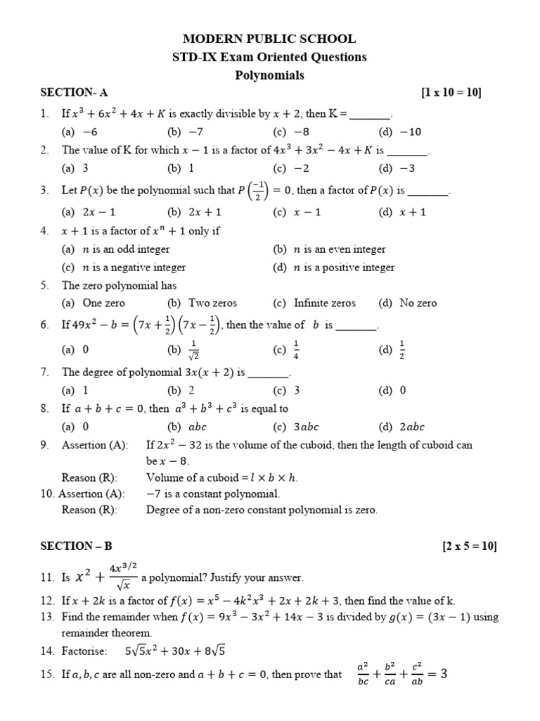 STD IX Maths Polynomial | PDF | Factorization | Polynomial