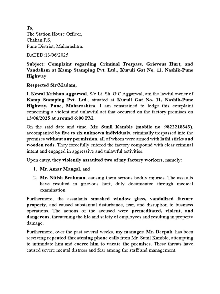 Complaint For Trespass (1) - Signed | PDF | Assault | Misconduct