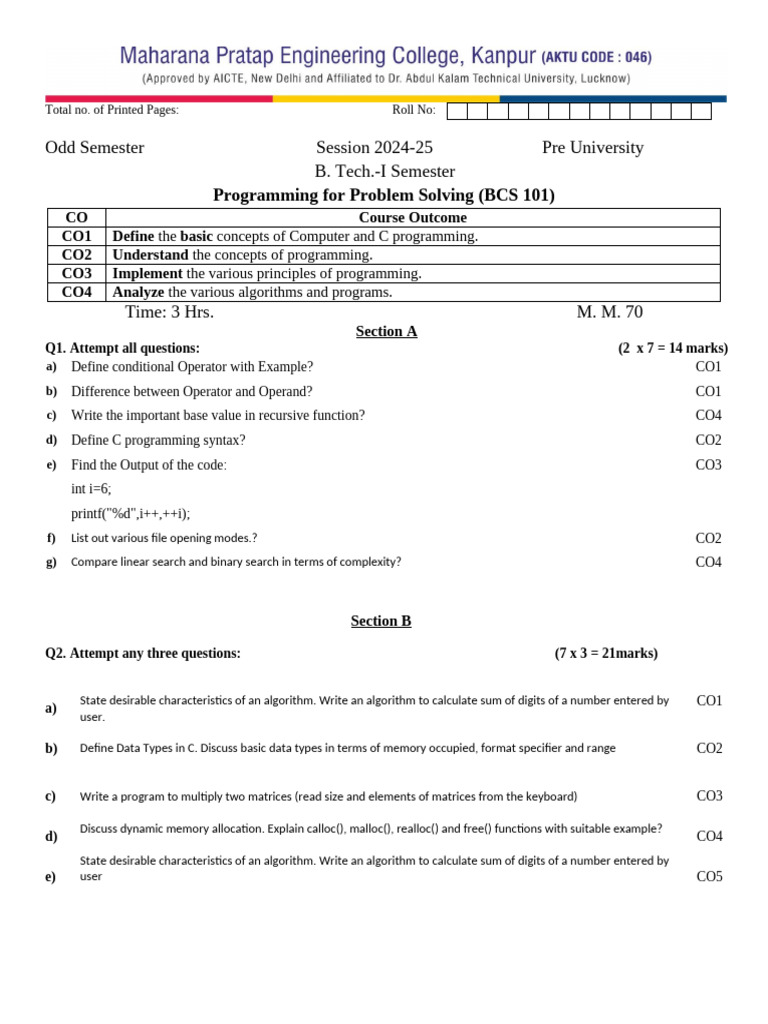 BCS 101 PUT Format 24-25 Odd | PDF | Computer Programming | Computing