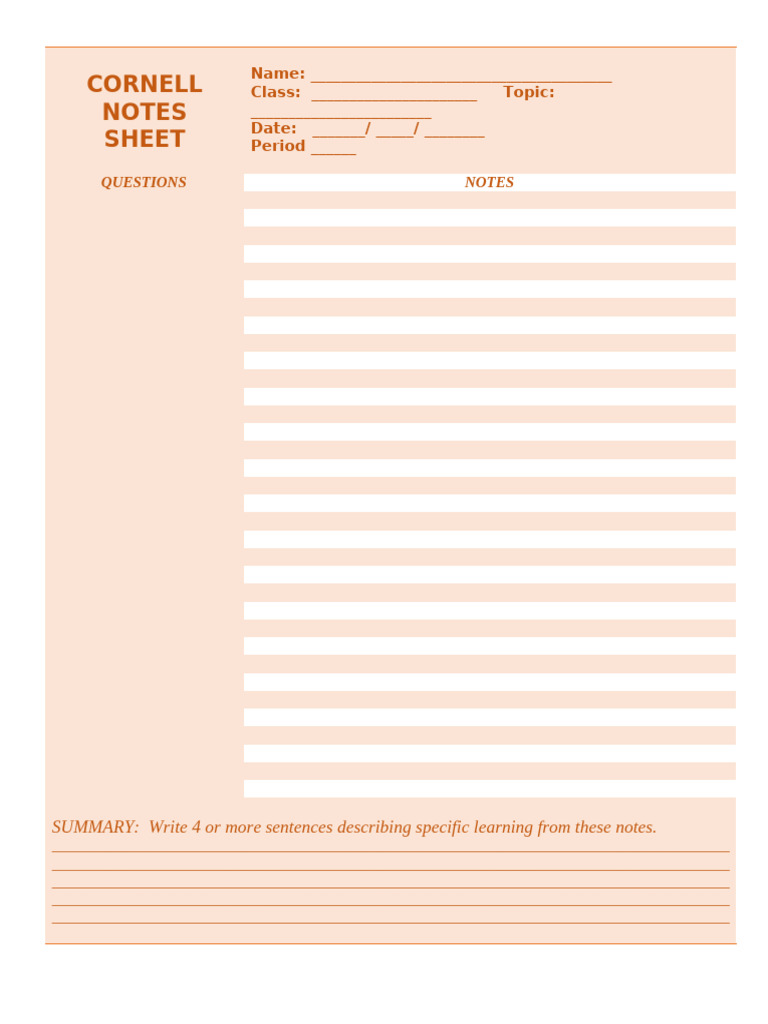 Cornell Notes Template Sheet | PDF