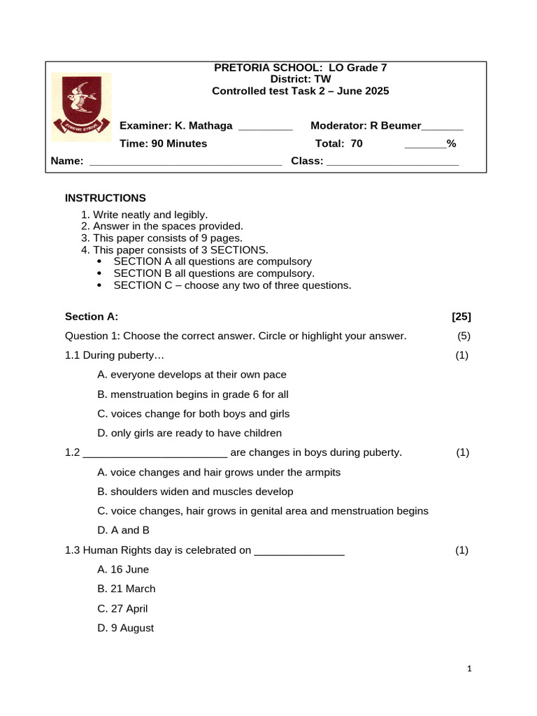 PRETORIA SCHOOL June Examination Paper 2025 | PDF | Behavioural Sciences | Psychological Concepts