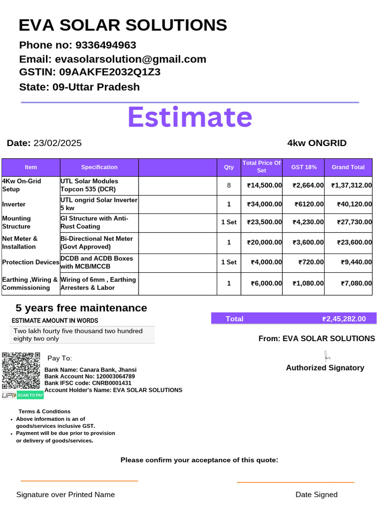 Quotation 4 KW Ongrid Solar | PDF | Energy And The Environment ...