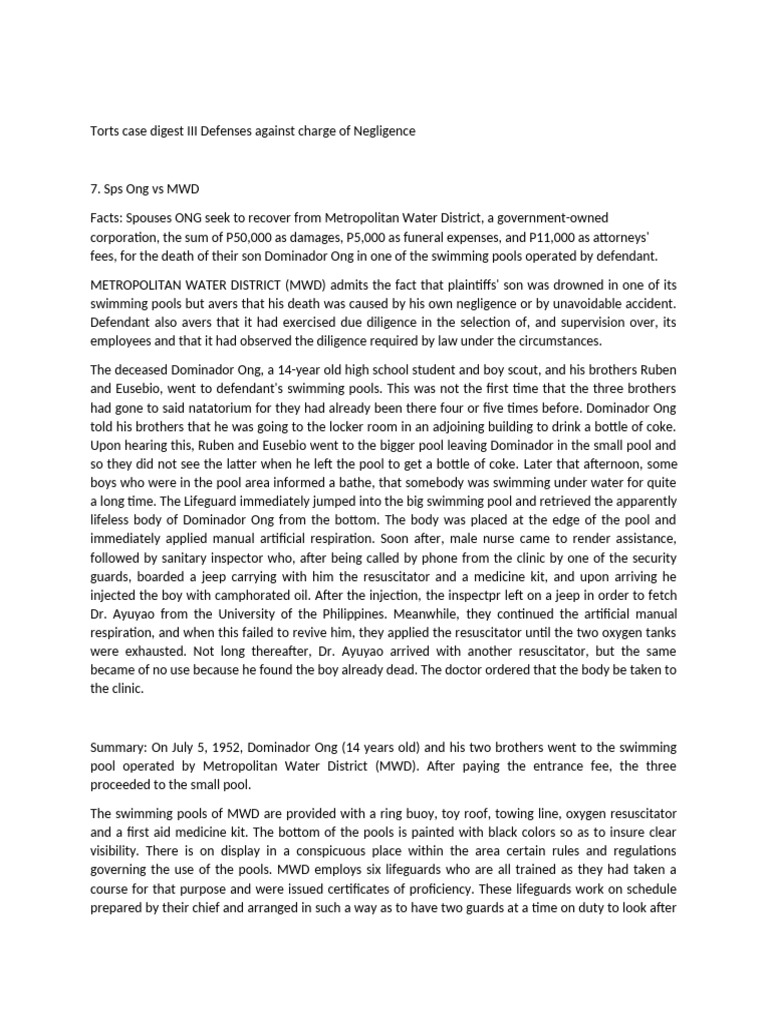 Torts Case Digest III Defenses Against Charge of Negligence Part 2 ...