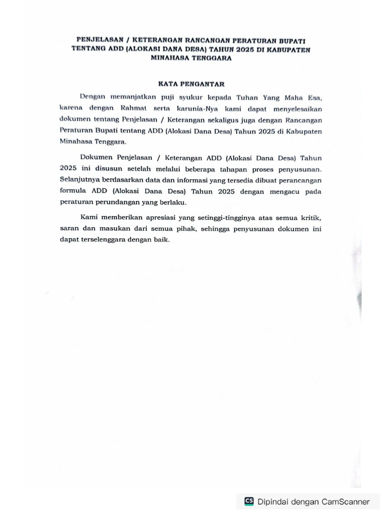 Penjelasan Keterangan Rancangan Perbup ADD 2025 | PDF