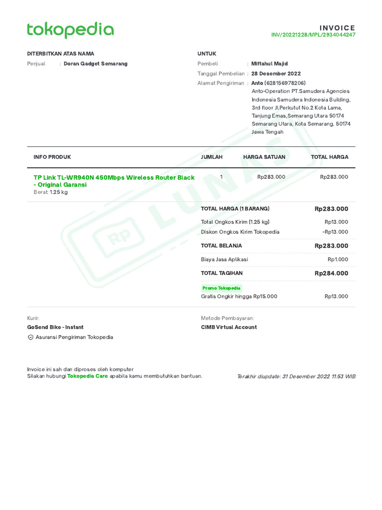 Invoice - Tokopedia | PDF