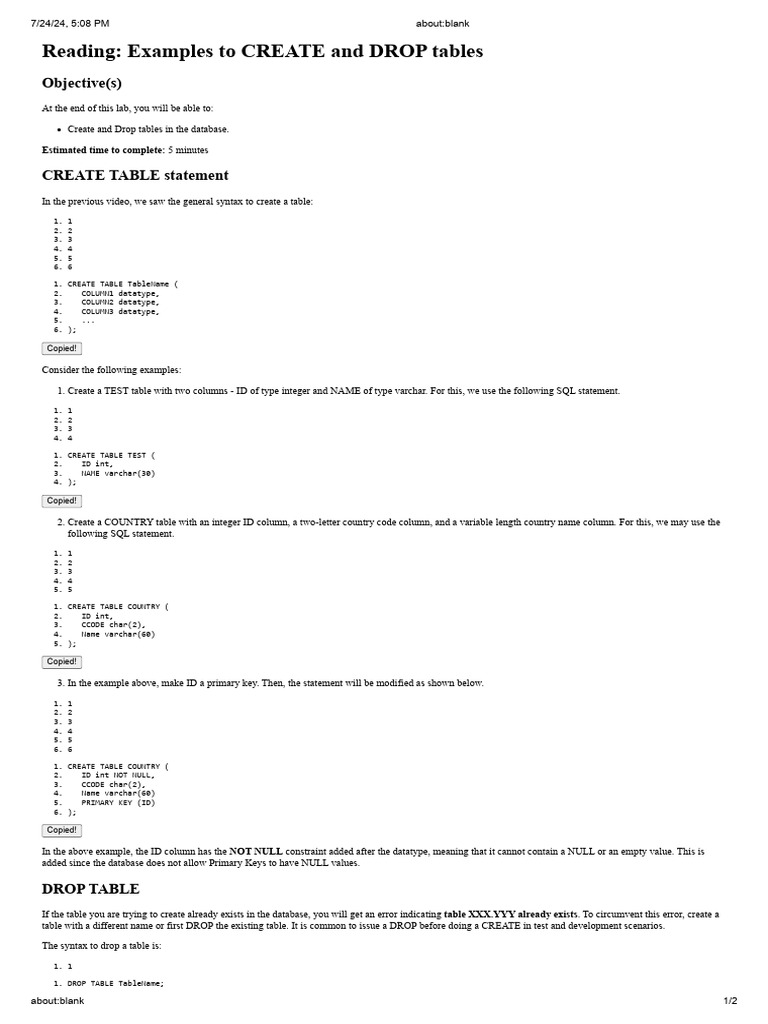 Reading Examples To CREATE and DROP Tables | PDF | Table (Database) | Computer Data
