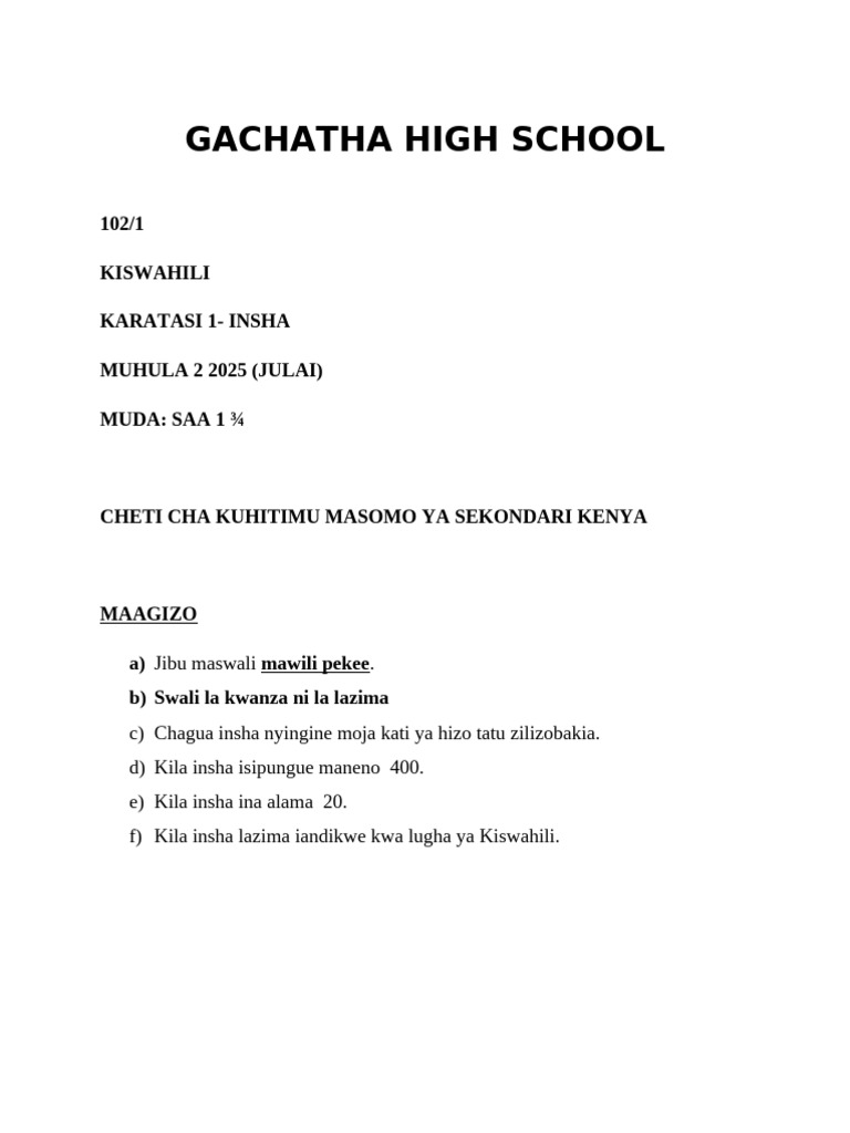 Kiswahili - pp1 - Qs (1) Et2 2025 | PDF