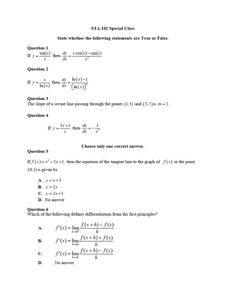 STA 102 Special Class Questions 2025 | PDF | Derivative | Tangent