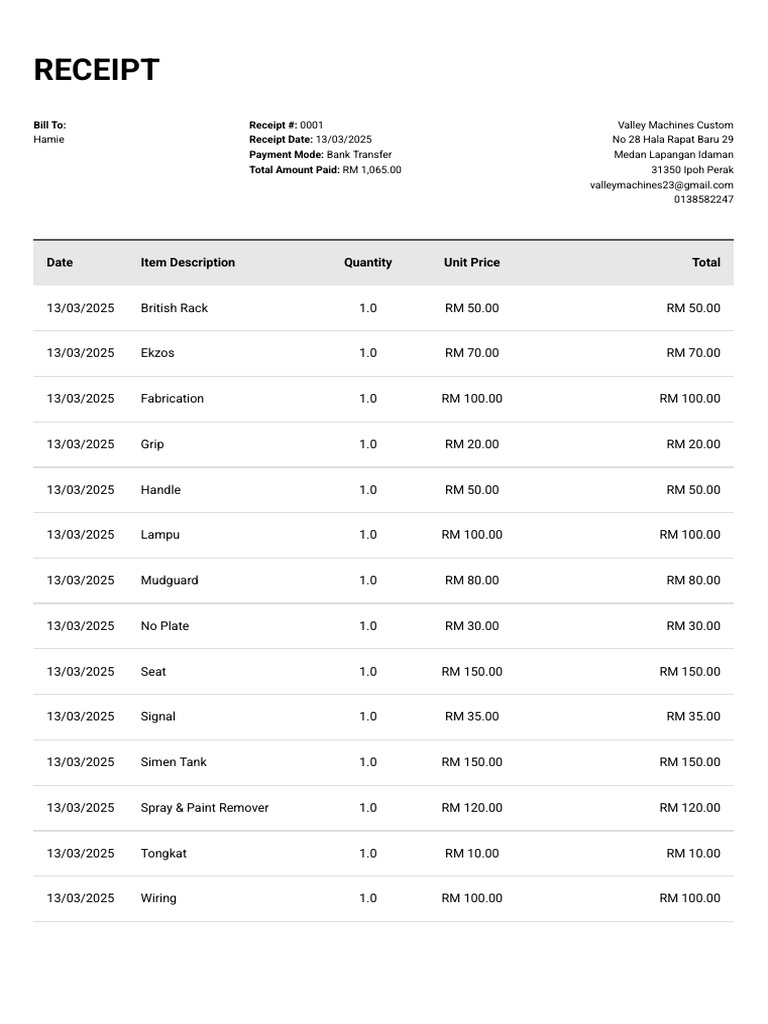 Valley Machines Custom - Receipt #0001 | PDF