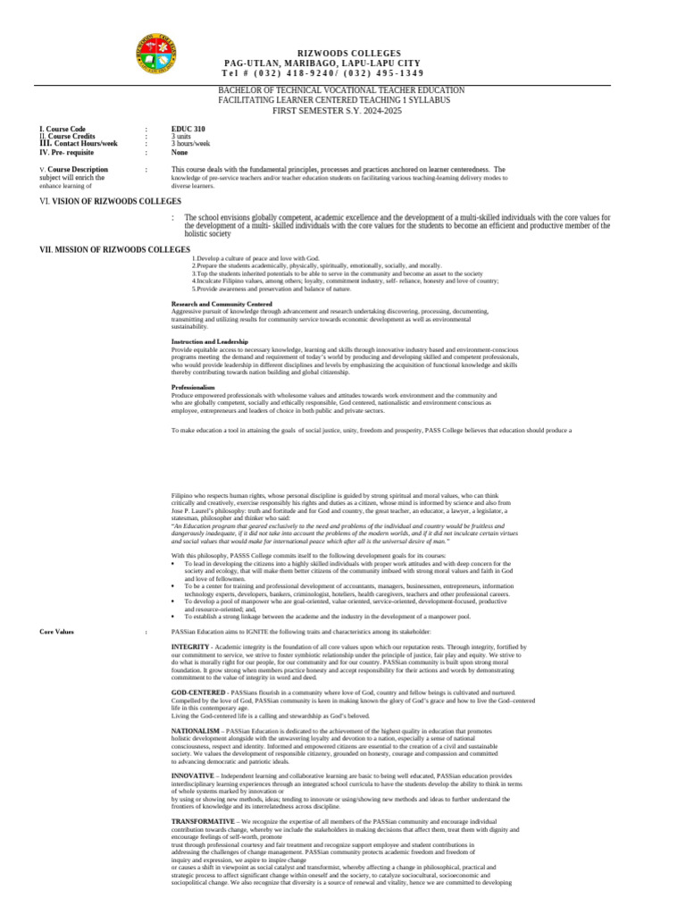 Facilitating Learner Centered Teaching Syllabus Compress | PDF | Learning Theory (Education ...