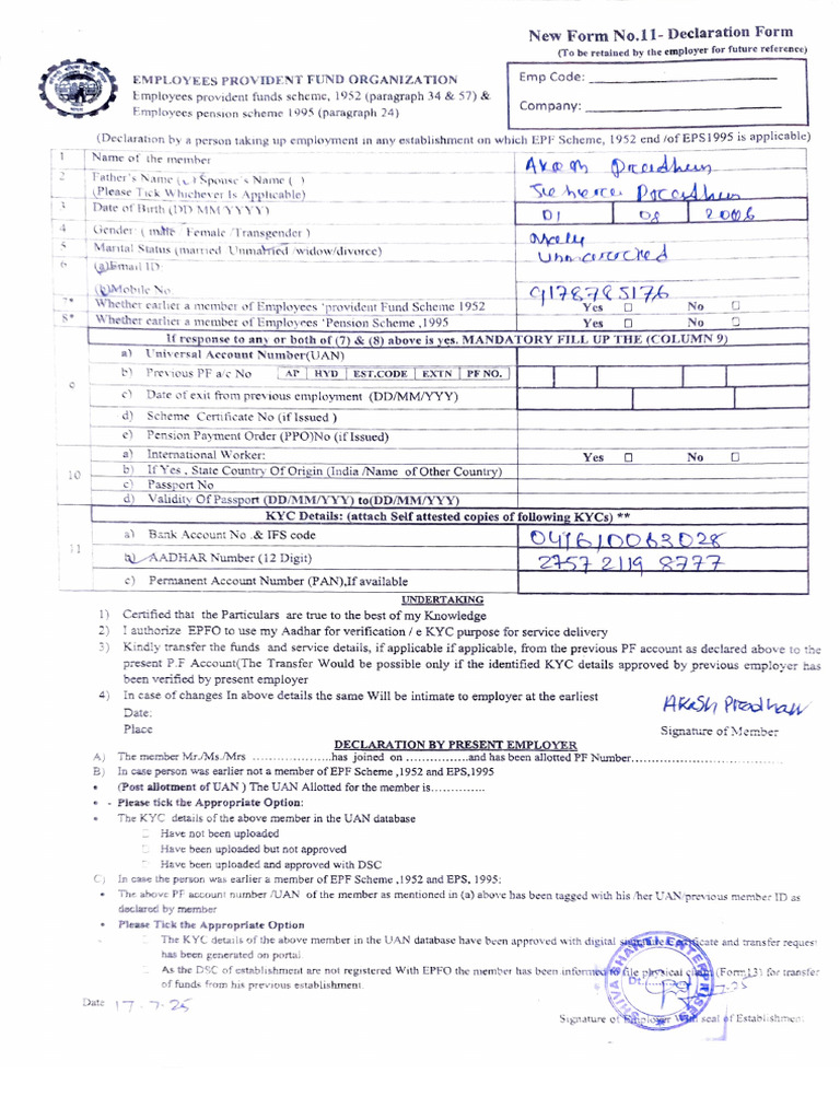 EPF Declaration Form for Employment | PDF