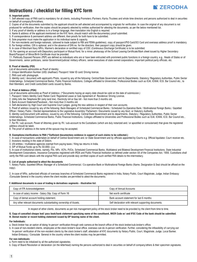 Instructions / Checklist For Filling KYC Form: Version 1.1 (July 2022) | PDF | Identity Document ...