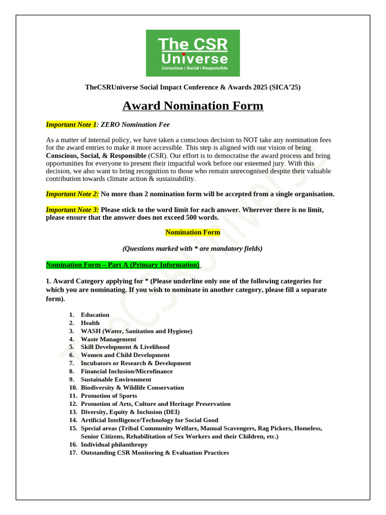 SICA 2025 Award Nomination Guidelines | PDF