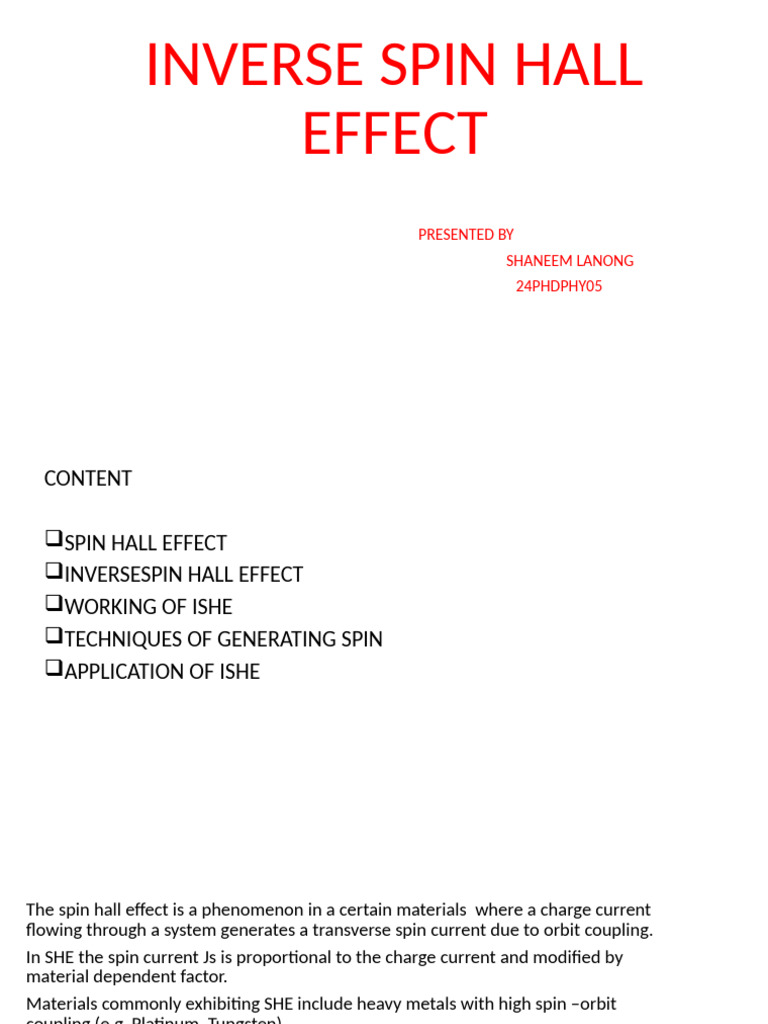 Inverse Spin Hall Effect Overview | PDF | Spin (Physics) | Electric Current