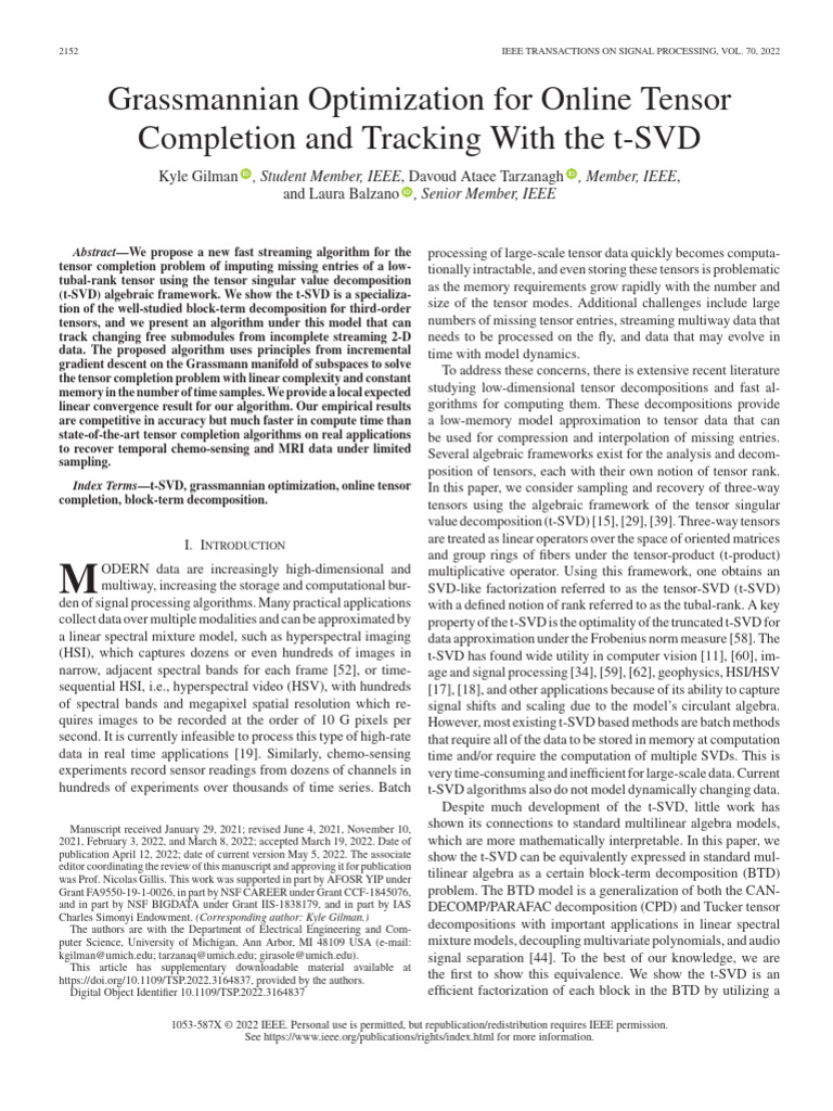 Grassmannian Optimization For Online Tensor Completion and Tracking With The T-SVD | PDF ...