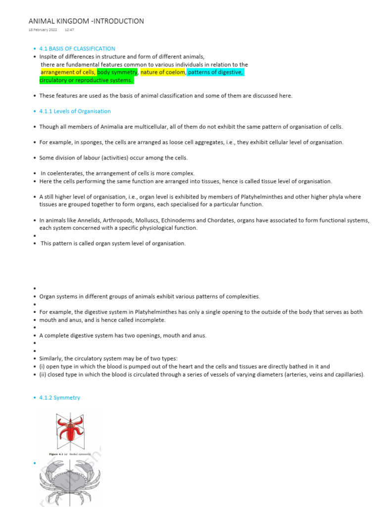 1 Animal Kingdom Introduction NCERT Points | PDF | Biology | Zoology