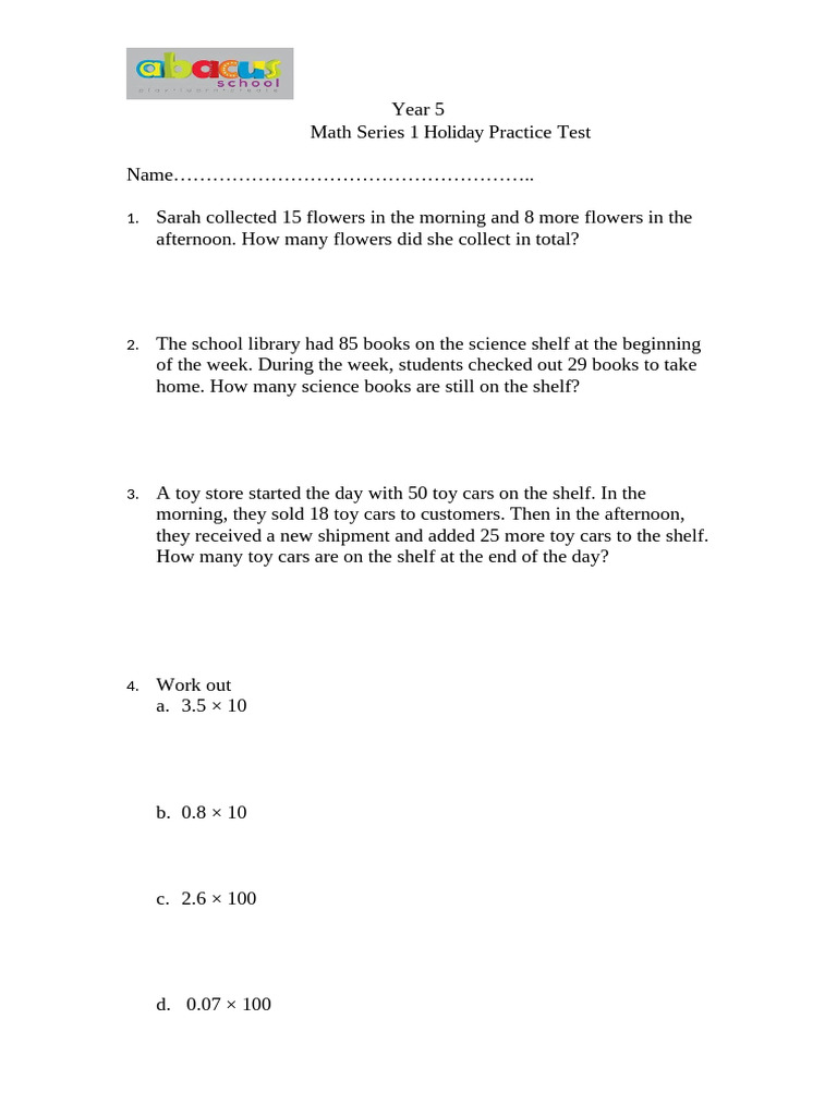 Year 5 Series 1, Math Practice Test. | PDF