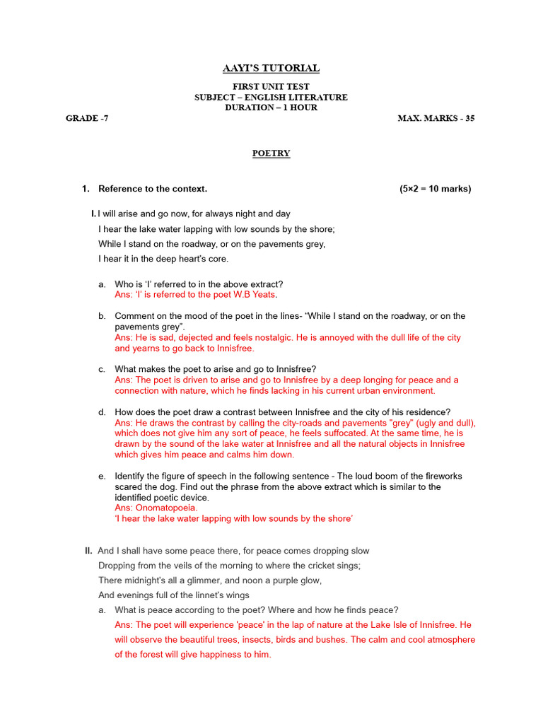 Grade 7 English Literature Unit Test | PDF