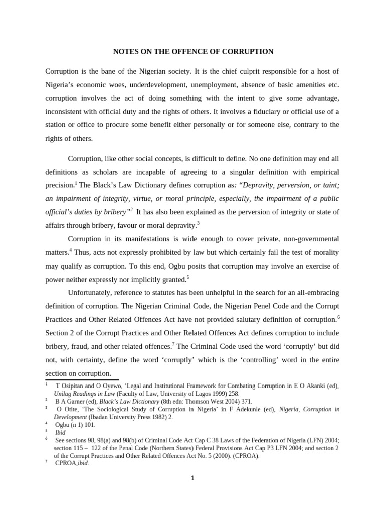 Notes On The Offence of Corruption | PDF | Bribery | Corruption