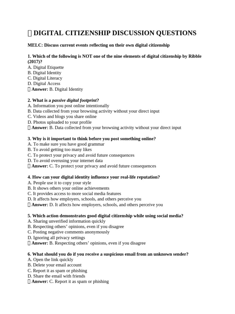 ? Digital Citizenship Discussion Questions | PDF | Cyberbullying | Privacy