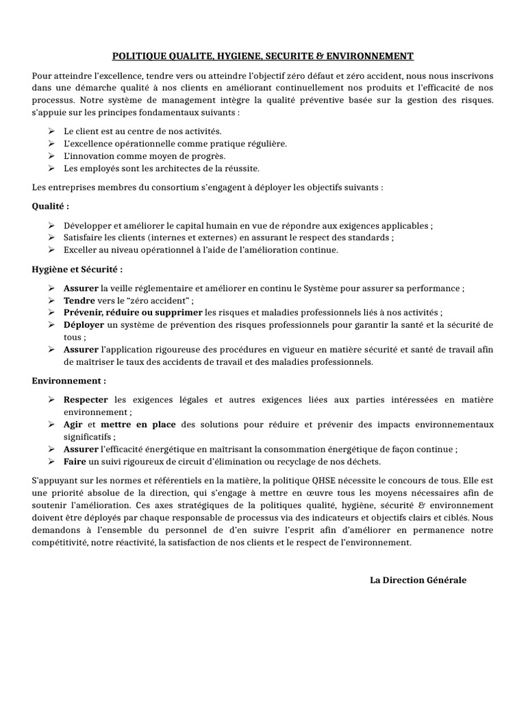 Politique QHSE : Excellence et Sécurité | PDF | Sécurité ...