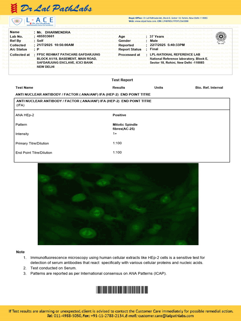 (Ifa) Ana Hep-2 Pattern Intensity 1+ Primary Titre/Dilution 1:100 End ...