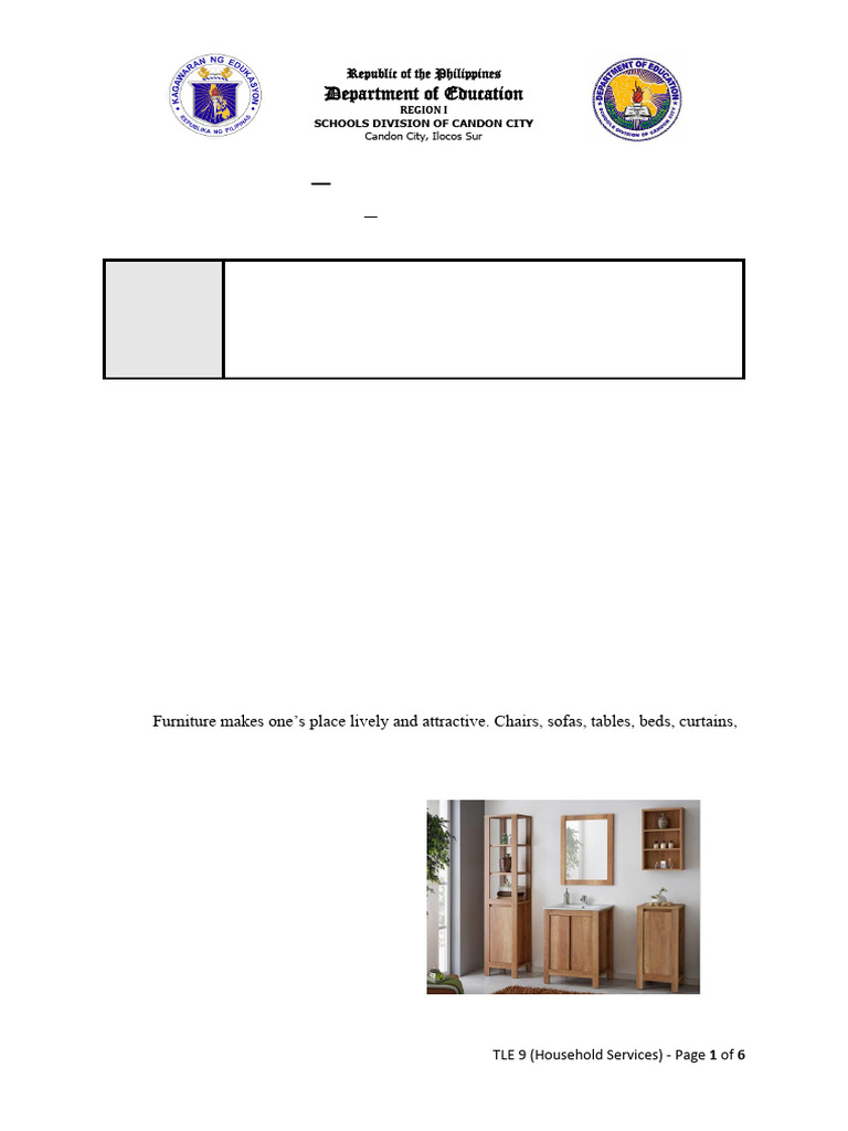 TLE 9 Household Services Q1 W4 M4 LDS Types of Furniture ALG RTP | PDF ...