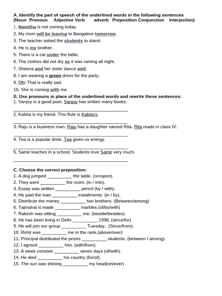 Parts of Speech Worksheet for Grade 4 | PDF | Part Of Speech | Semantics