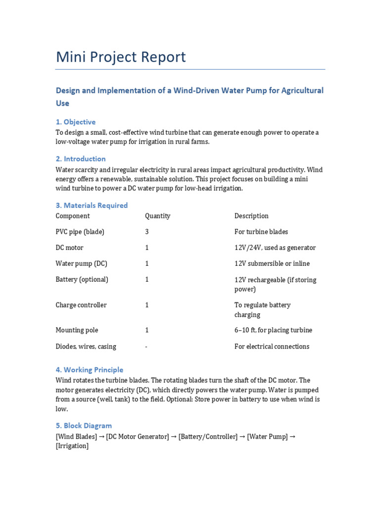 Wind Powered Water Pump Project Report | PDF