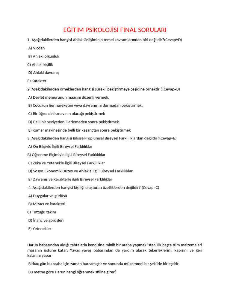 Eği̇ti̇m Psi̇koloji̇si̇ Fi̇nal Sorulari | PDF