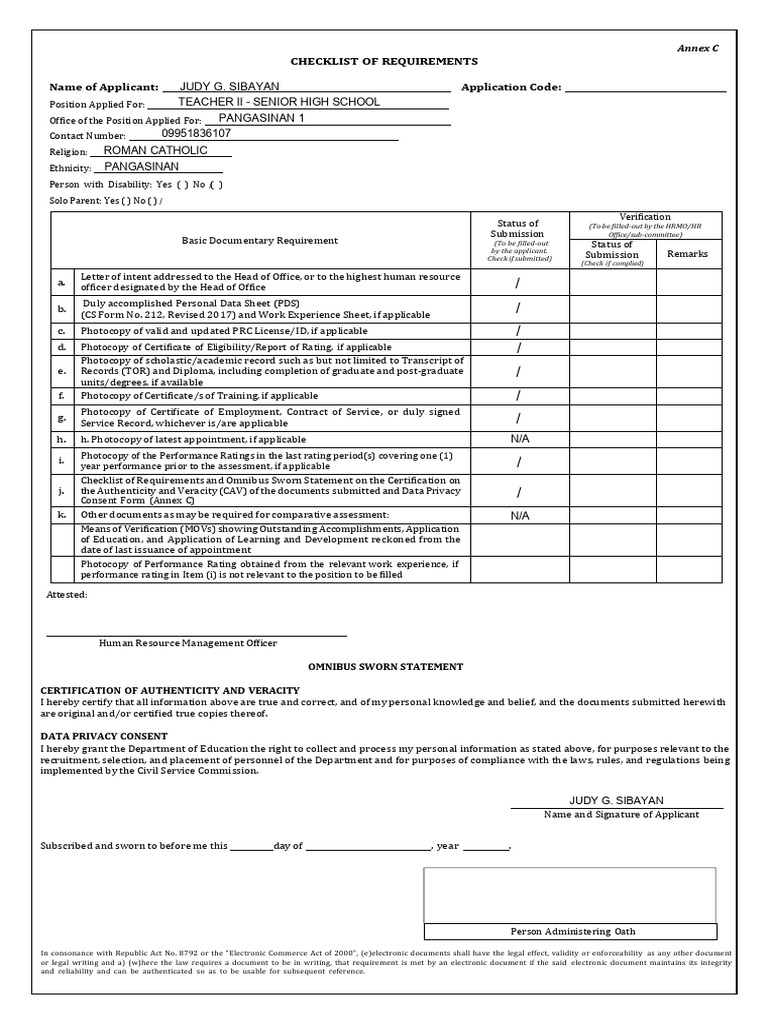 SHS ANNEX C Checklist of Requirements and Omnibus Sworn Statement | PDF | Authentication