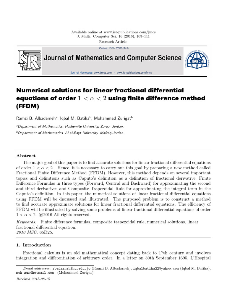Numerical Solutions For Linear Fractional Differential Equations of Order 1 | PDF | Finite ...