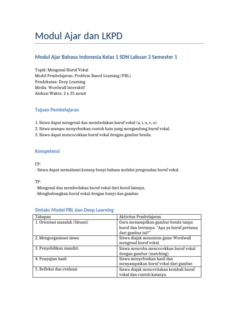 Modul Ajar Dan LKPD Huruf Vokal SD | PDF