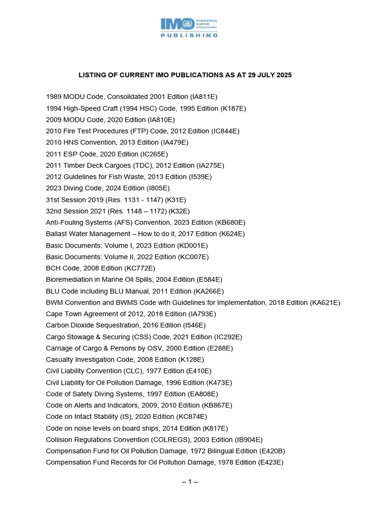 Listing of Current Imo Publications at 29 July 2025 | PDF