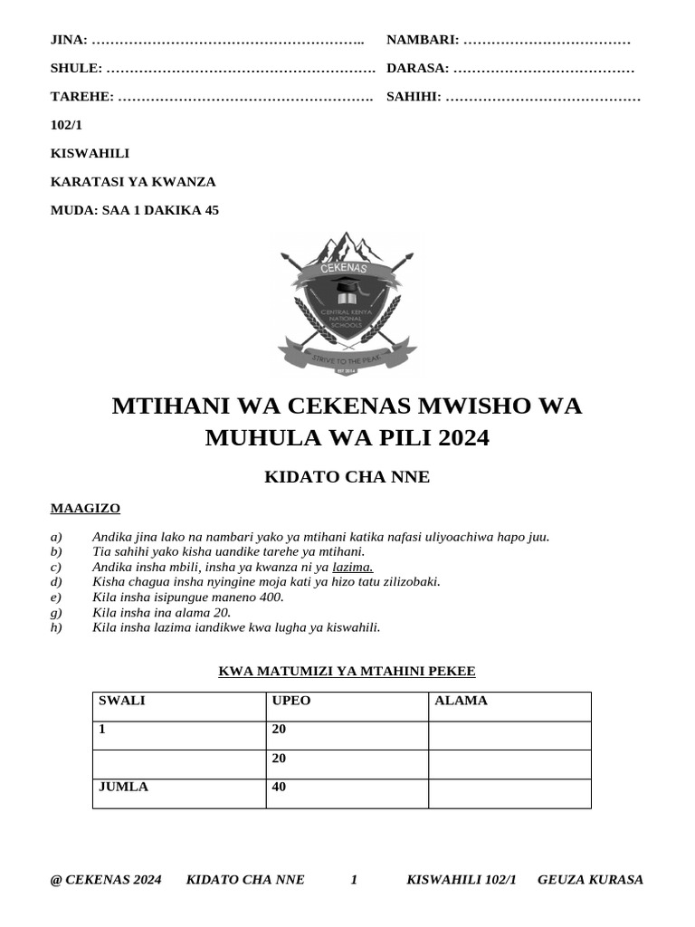 Kiswahili Pp1 Questions | PDF