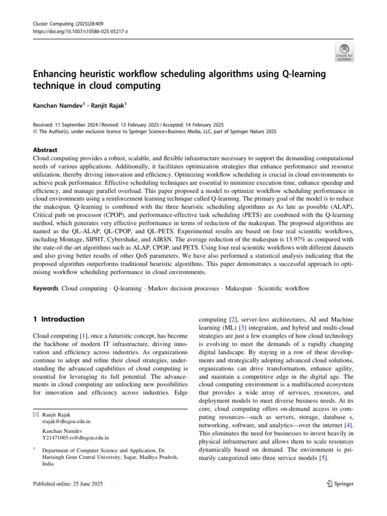 Enhancing Heuristic Workflow Scheduling Algorithms Using Q-Learning Technique in Cloud Computing ...