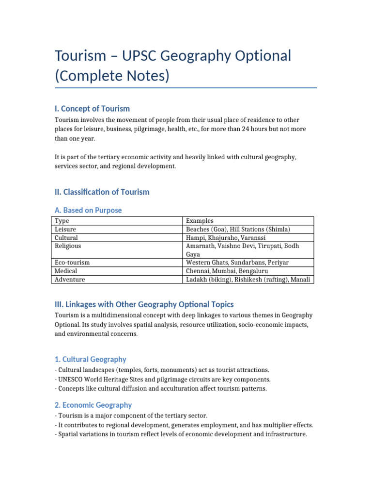 Tourism Geography UPSC Notes Updated | PDF | Tourism | Geography