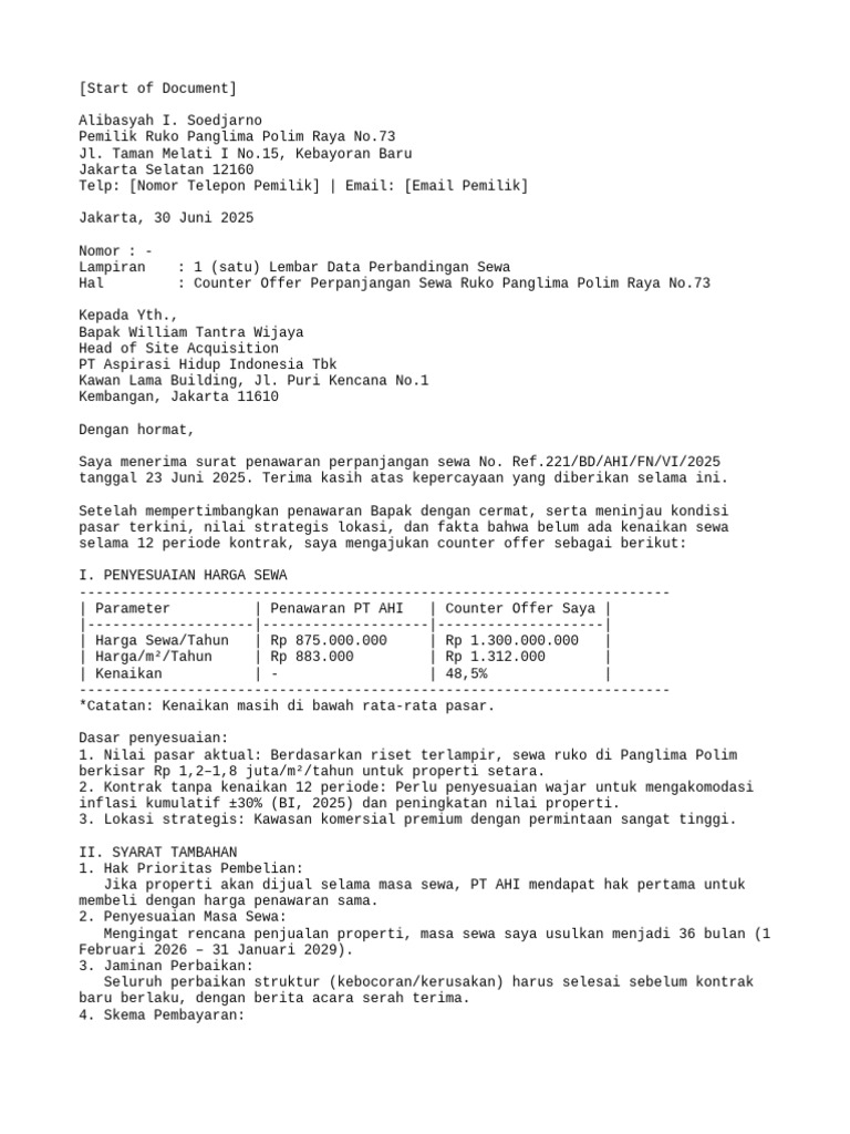 Counter Offer Sewa Ruko Panglima Polim | PDF