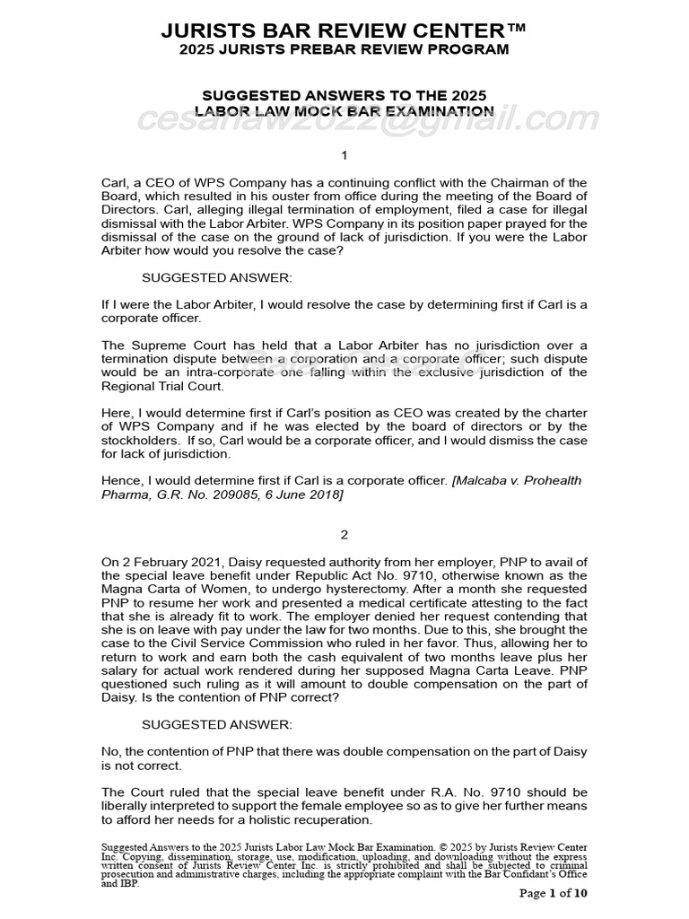 2025 Labor Law Mock Bar Exam Answers | PDF | Employment | Conflict Of ...
