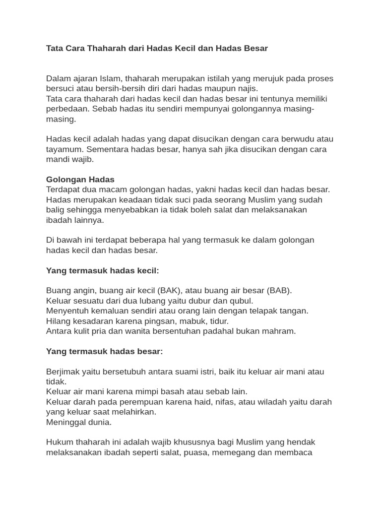 Tata Cara Thaharah Dari Hadas Kecil Dan Hadas Besar | PDF