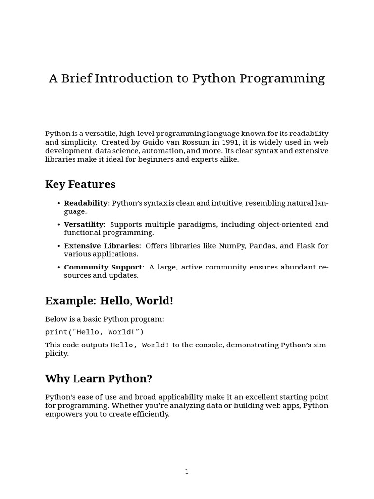 A Brief Introduction To Python Programming: Key Features | PDF