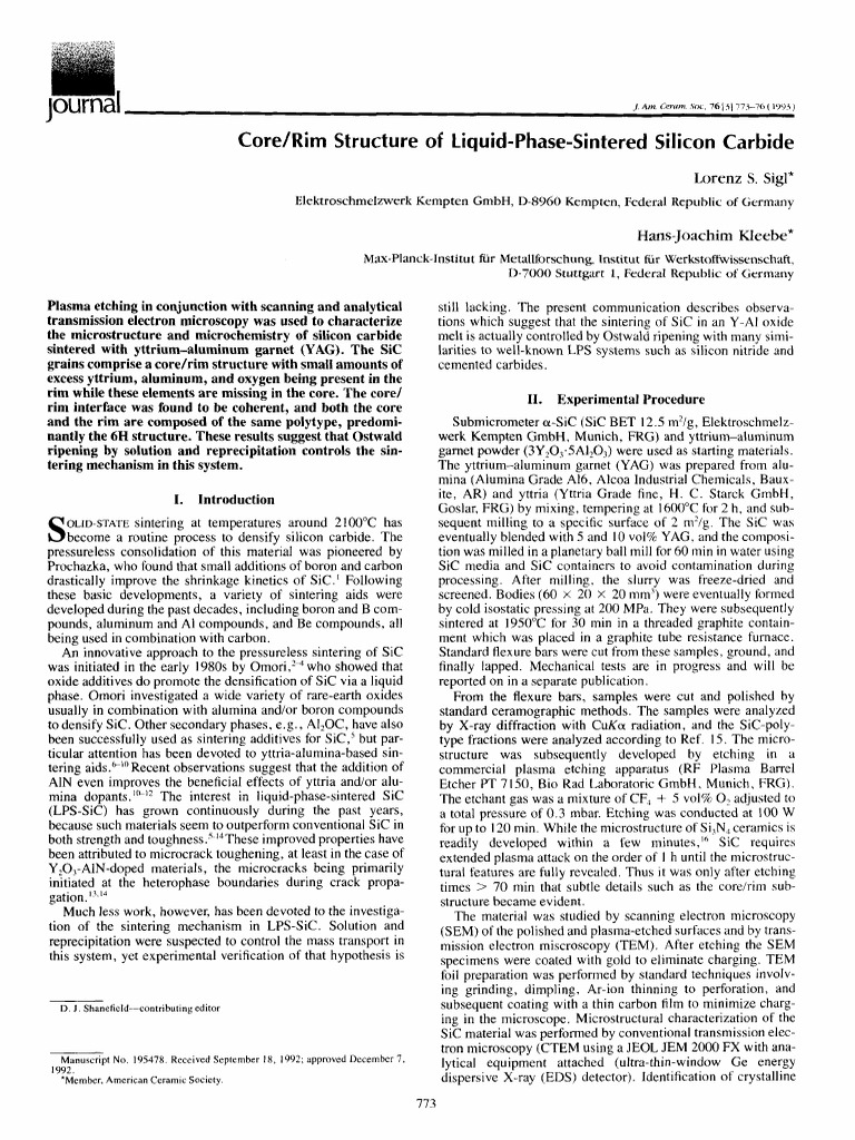 Core/Rim Structure in Liquid-Phase-Sintered SiC | PDF | Sintering ...