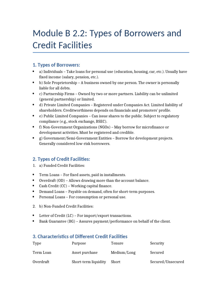 Module B 2.2 Types of Borrowers and Credit Facilities | PDF