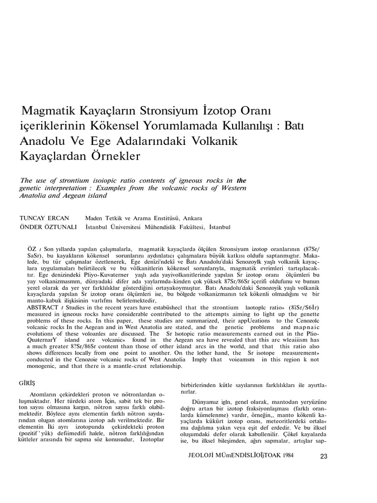 Magmatik Kaya - Lar - N Stronsiyum - Zotop Oran - I - Eriklerinin K - Kensel Yorumlamada Kullan ...