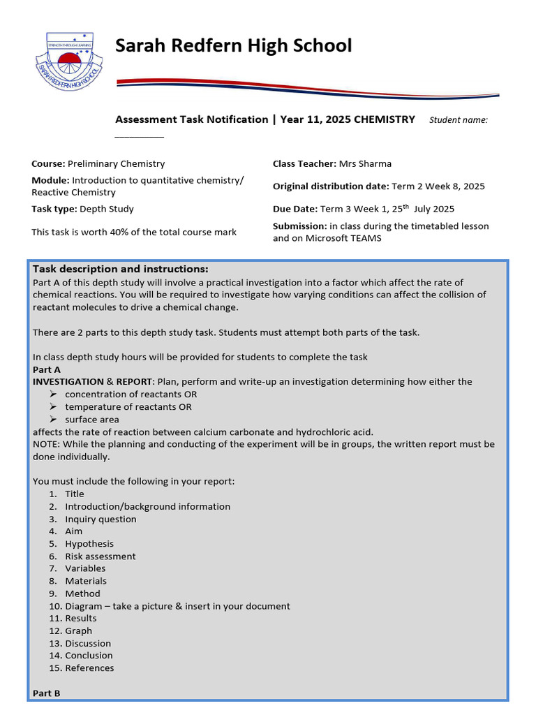 2025 Year 11 Chemistry Task 2 Mainstream | PDF | Reaction Rate | Hypothesis