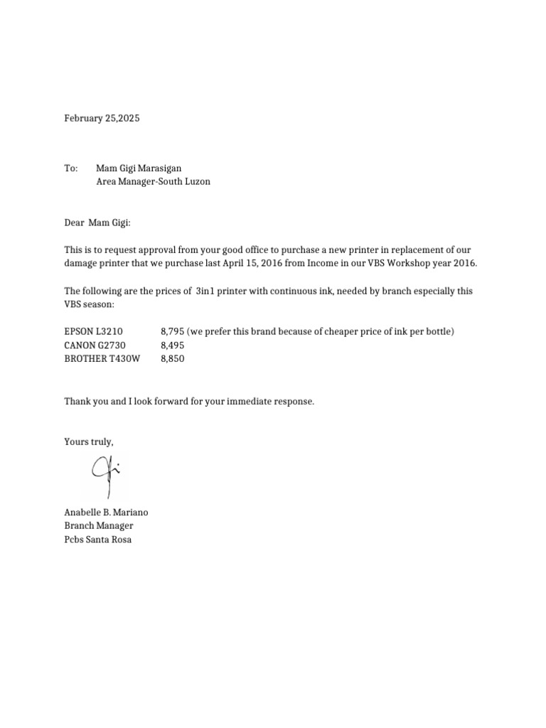 Printer Replacement Request to Mam Gigi | PDF