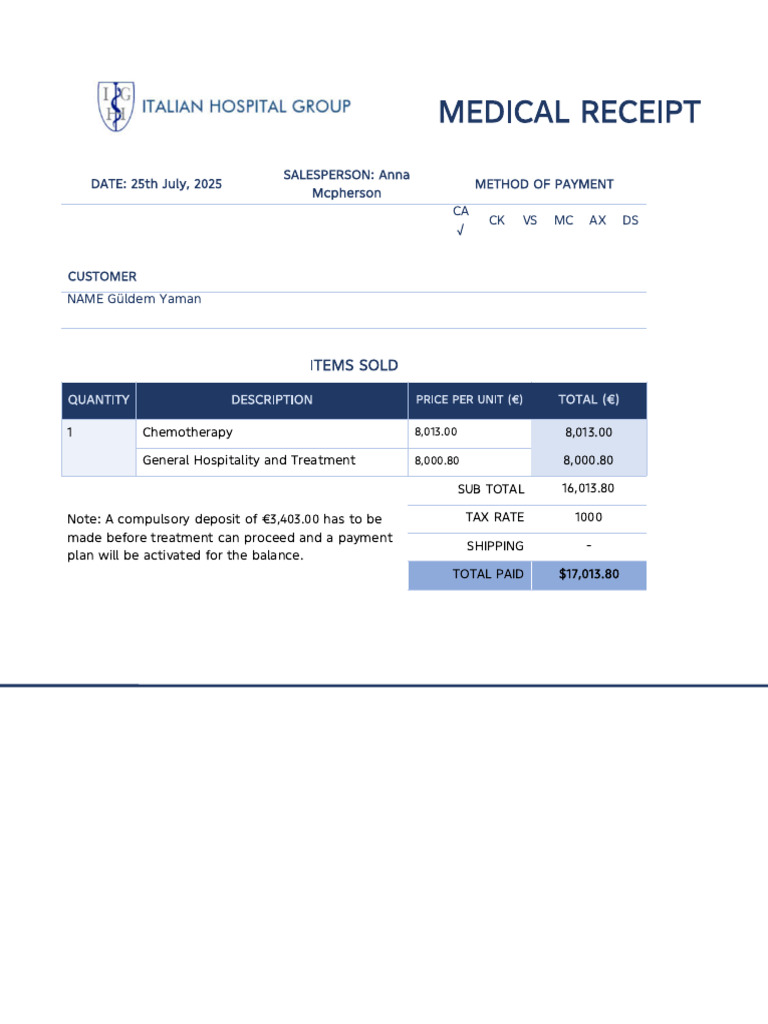Medical Receipt for Chemotherapy | PDF