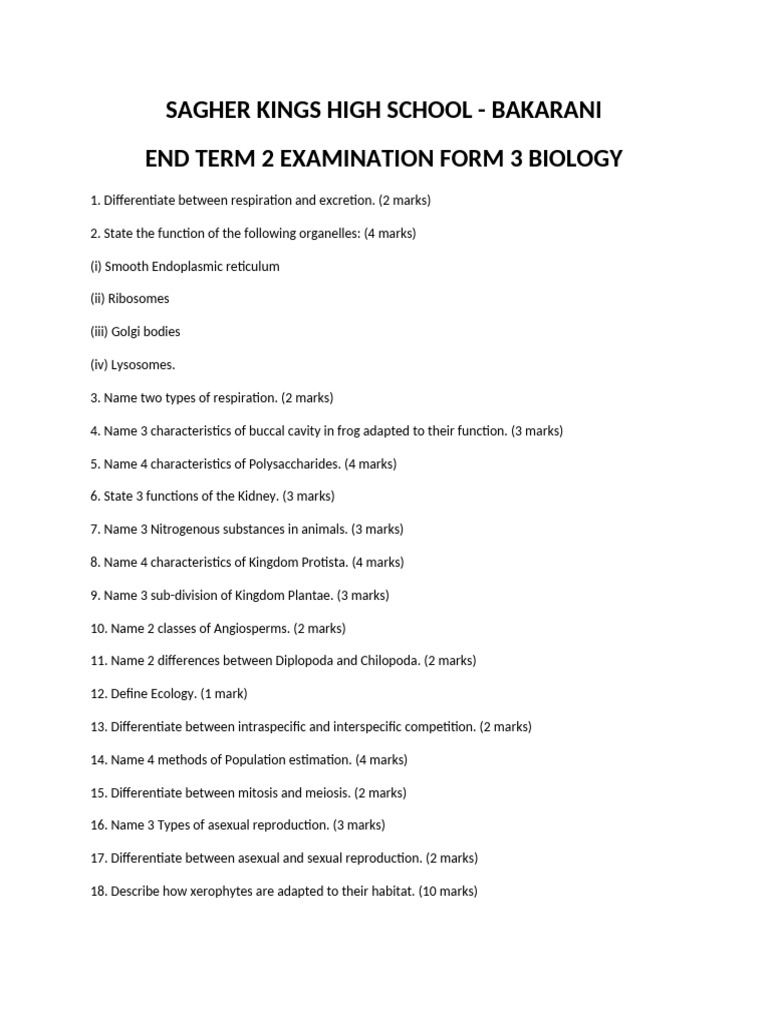 Form 3 Biology Exam Questions | PDF
